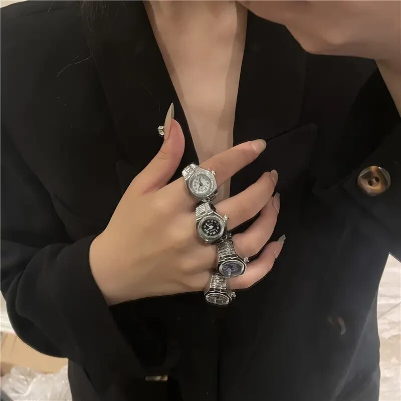 Women Unisex Finger Watch Creative Elastic Round Quartz Finger Ring ...