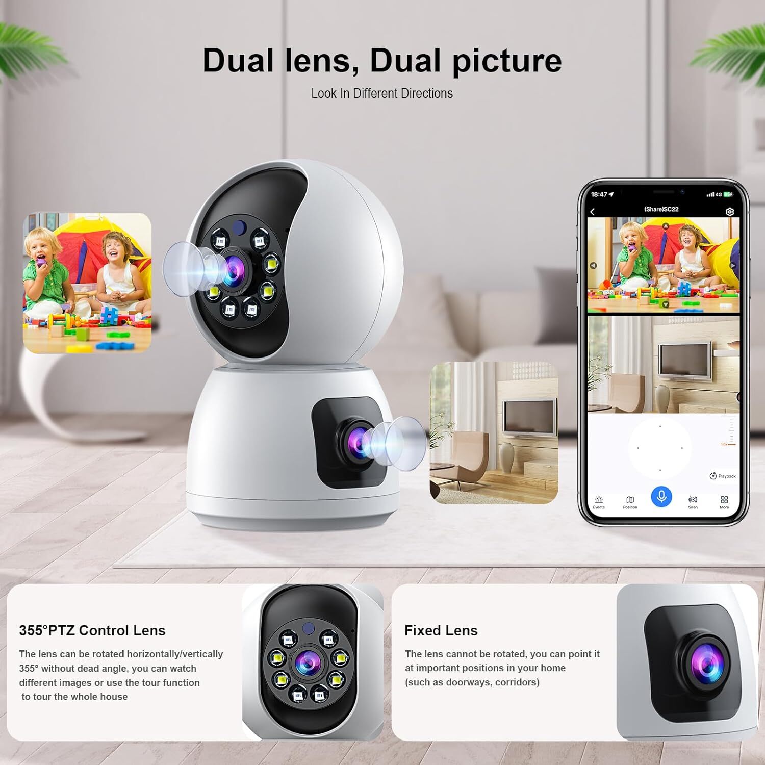 Dual Lens Wireless WiFi +BT IP Camera Home 2MP+2MP Full Color Two-way ...