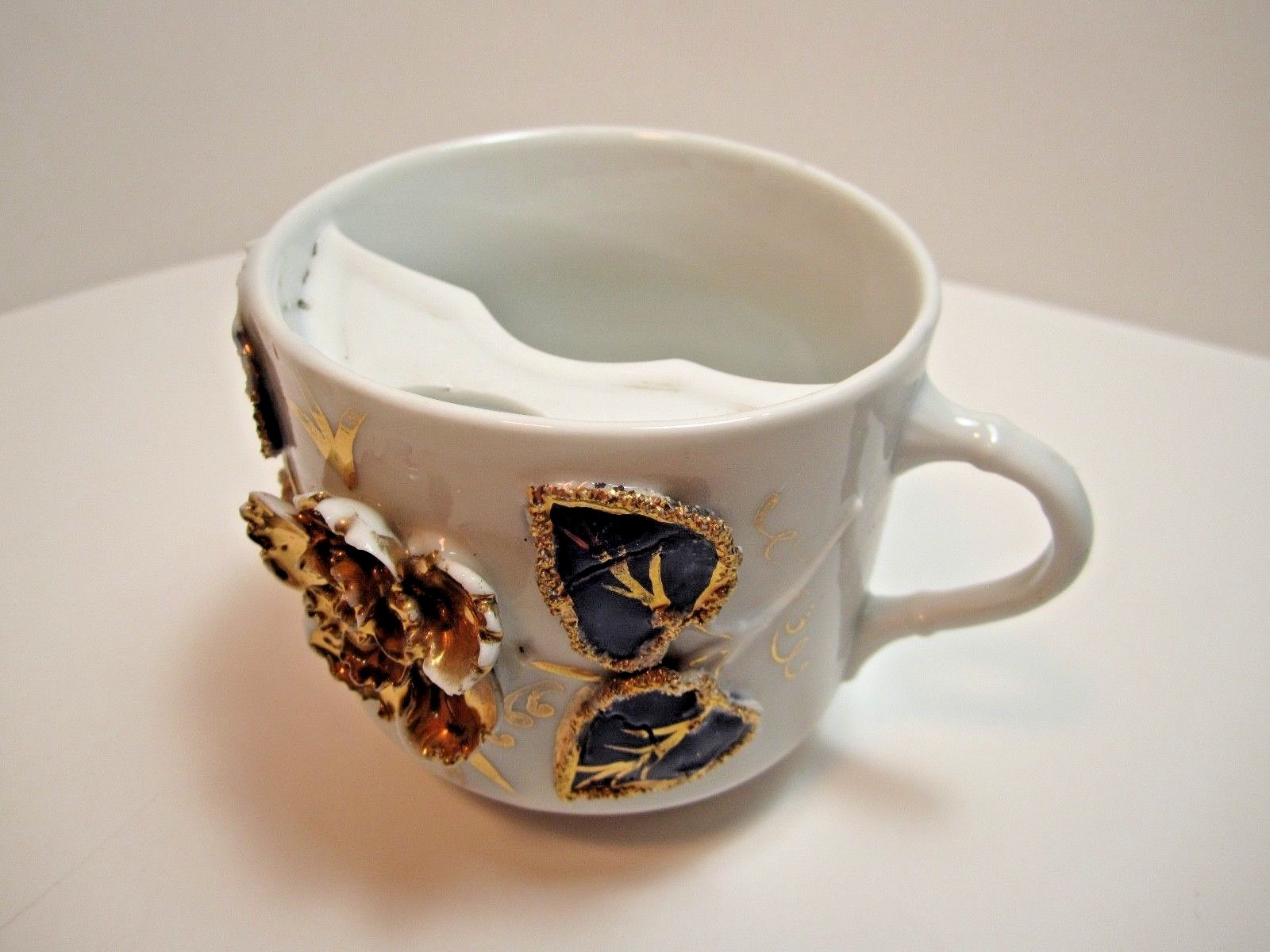 Vintage Mustache Tea Cup Raised Gold Flower Blue Leaves | eBay