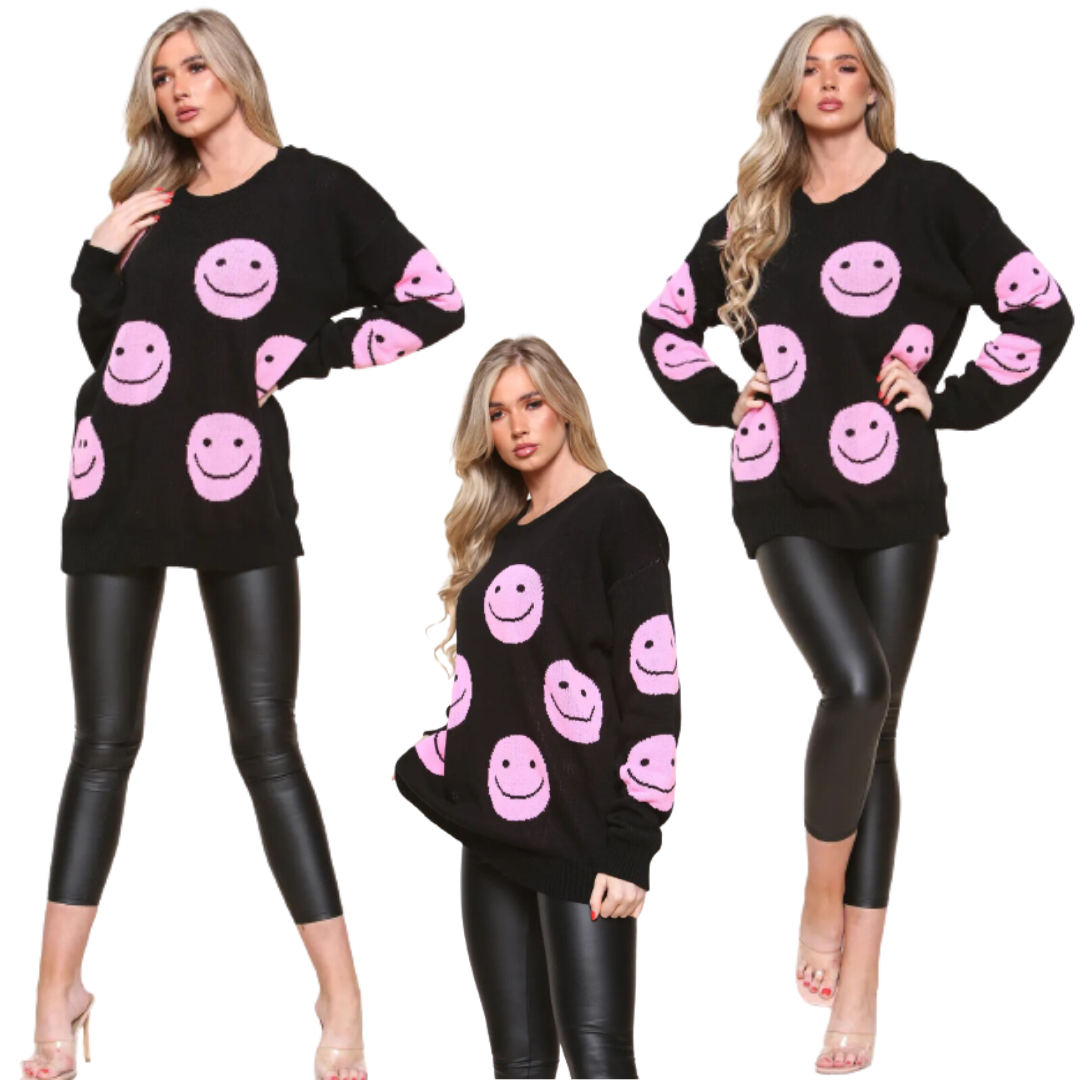 Women's Ladies Christmas Oversize Knitted Sweater Smiley Faces Baggy ...