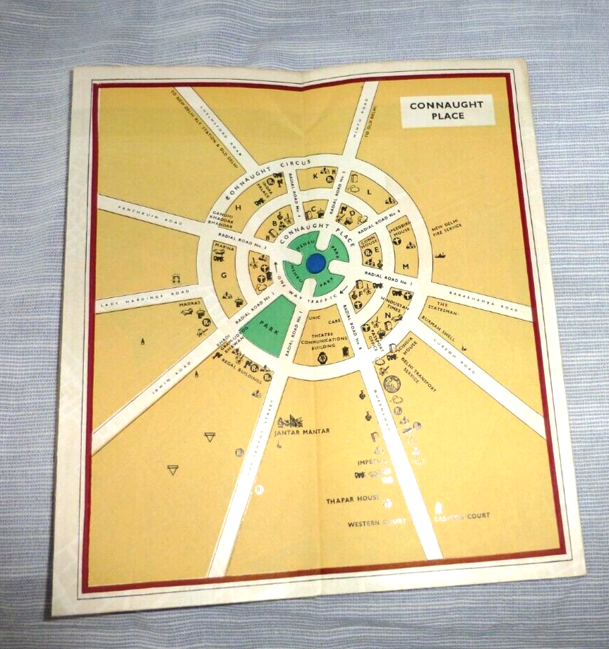 VINTAGE ILLUSTRATED MAP MAPS DELHI HOSPITALS CLUBS CINEMAS AIRLINES ...