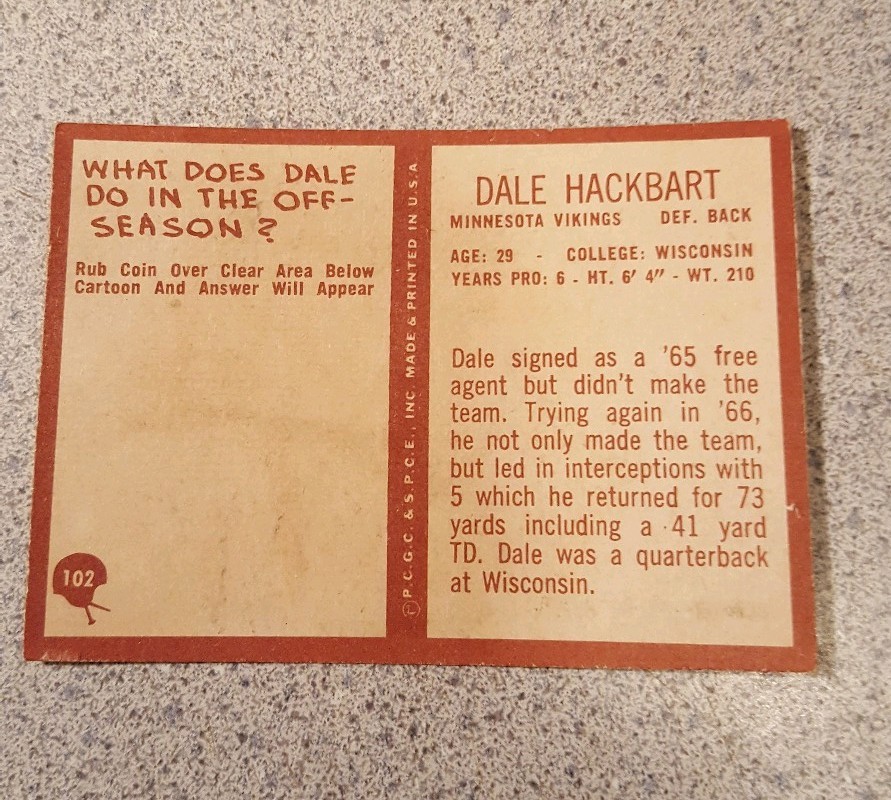 1967 Philadelphia Football Dale Hackbart (R) #102 | eBay