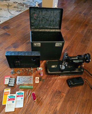 Vtg Singer 221-1 Featherweight Sewing Machine 1949 W/Case & Acc See ...