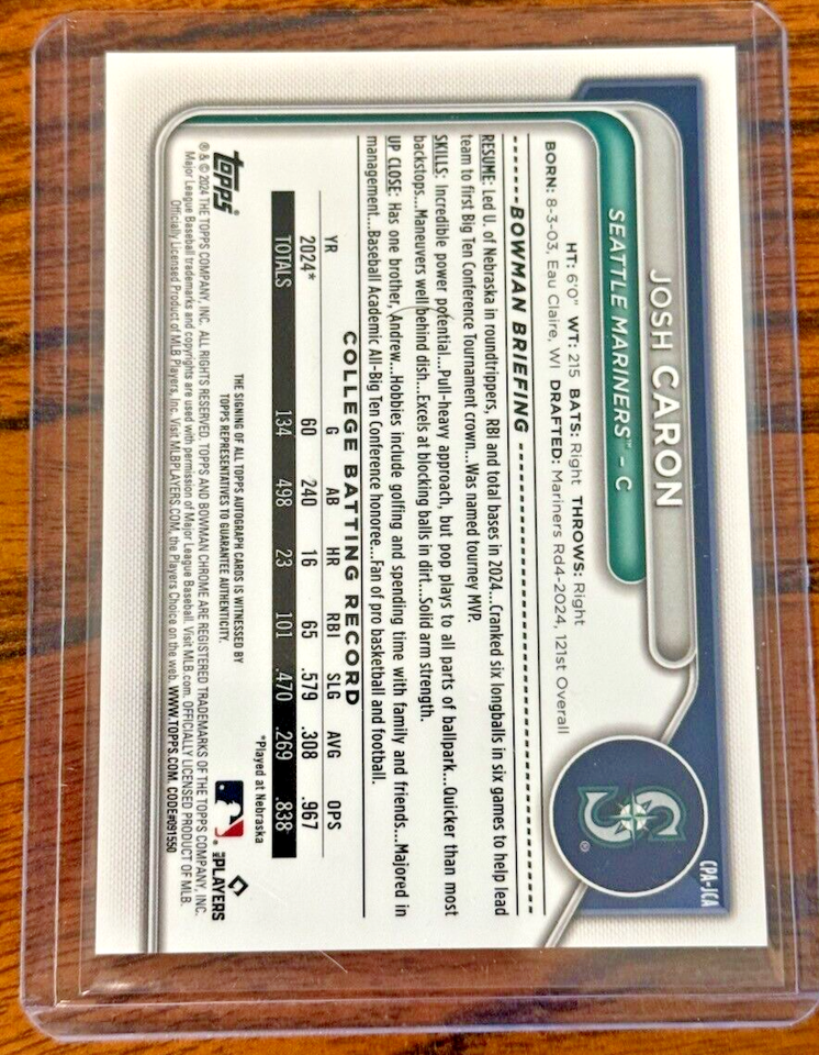 Josh Caron 2024 Bowman Draft Chrome 1st Yellow Prospect Auto /75 ...