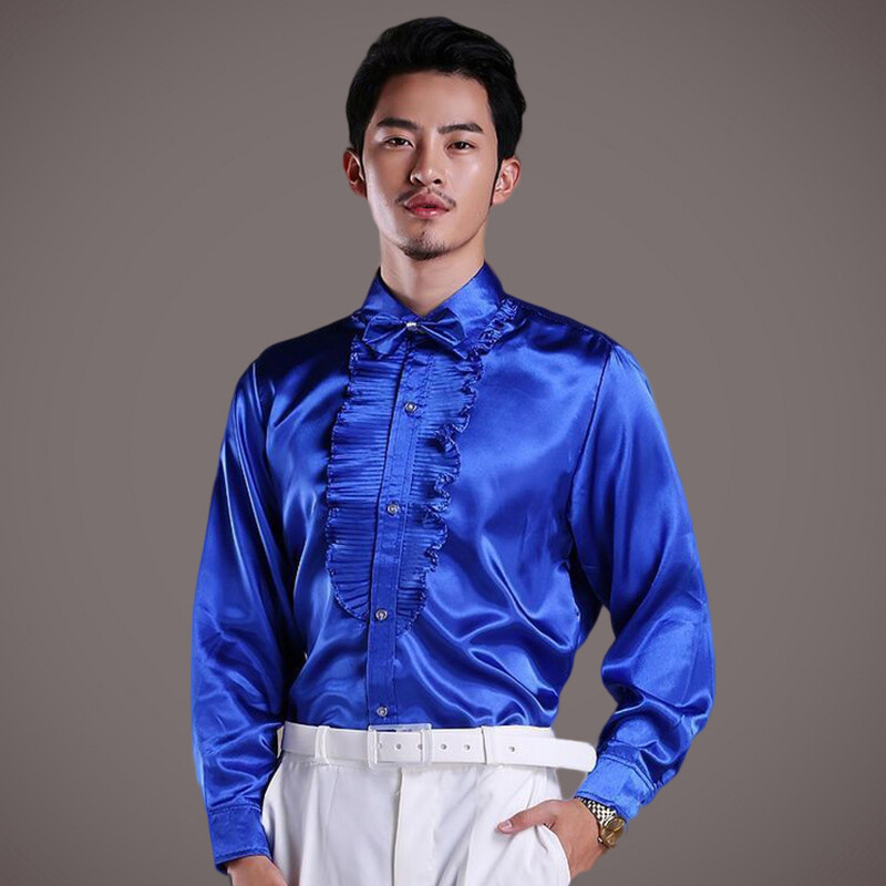 Men Long Sleeve Top Ruffle Pleated Front Shirt Wet-Look Frill Top Shiny ...