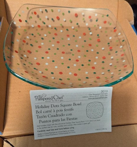 Pampered Chef Holiday Dots Square Bowl Clear Polka Dot Serving Dish NEW ...