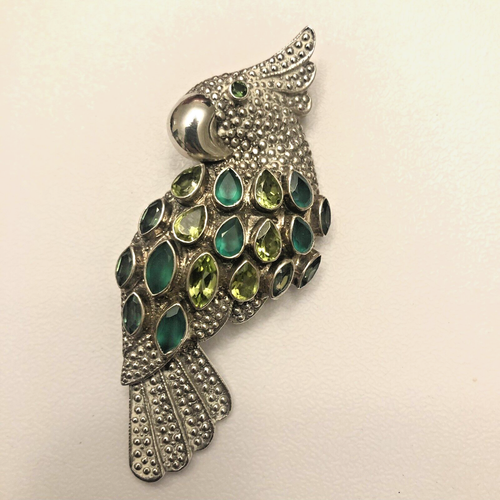 NICKY BUTLER Sterling Silver Pendant/Brooch Cockatiel Bird Green Gem ...