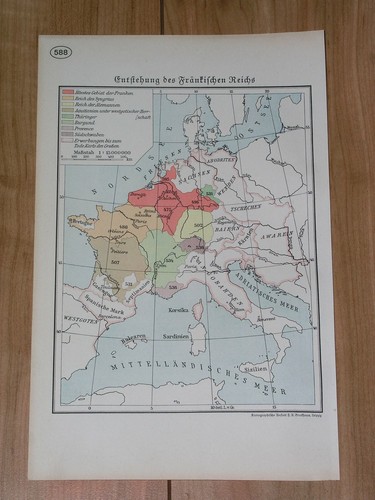 1938 ORIGINAL VINTAGE OF MAP FRANKISH EMPIRE FRANKS MEDIEVAL GERMANIC ...
