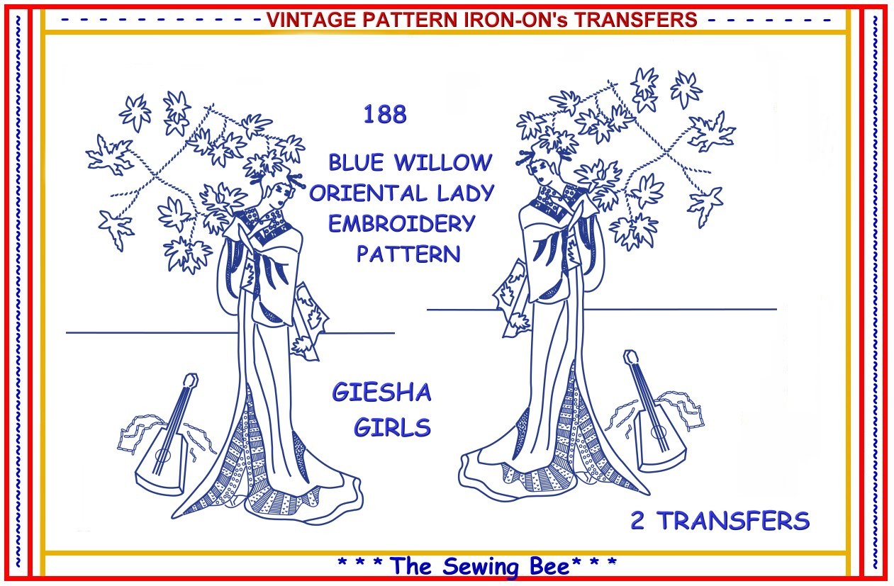 188 - Giesha Oriental Ladies Blue Willow 2 Embroidery Transfer motifs ...