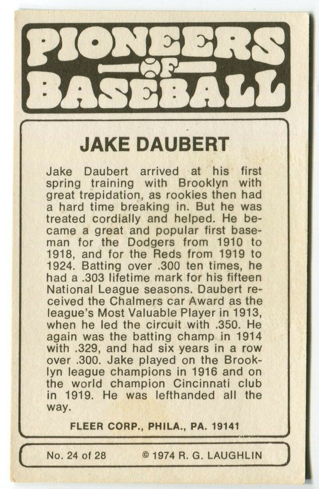 1974 Fleer Pioneers of Baseball #24 Jake Daubert Brooklyn Dodgers | eBay