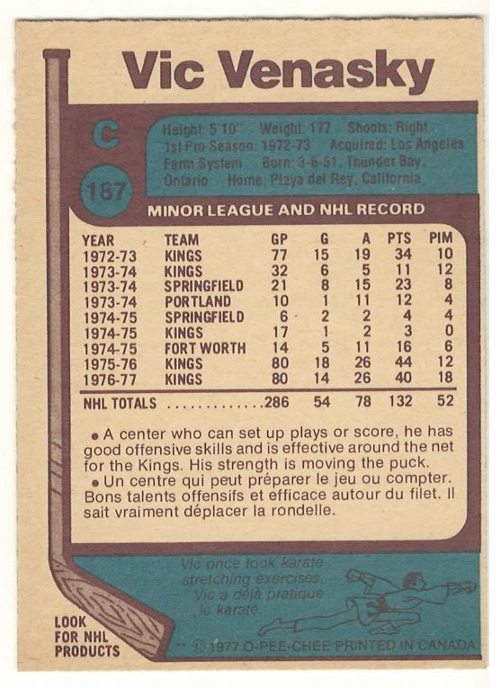 1977-78 O-PEE-CHEE # 187 VIC VENASKY KINGS OPC HOCKEY - NO CREASES ...