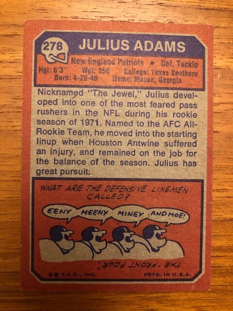 1973 Topps Football Card Julius Adams #278 EX | eBay