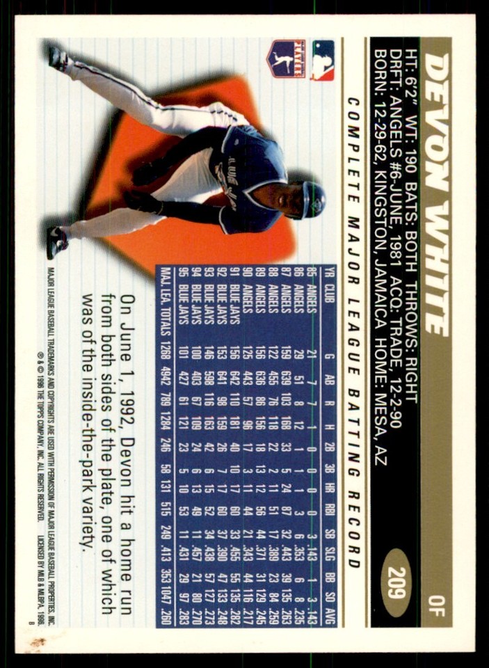 1996 Topps Devon White Baseball Cards #209 | eBay