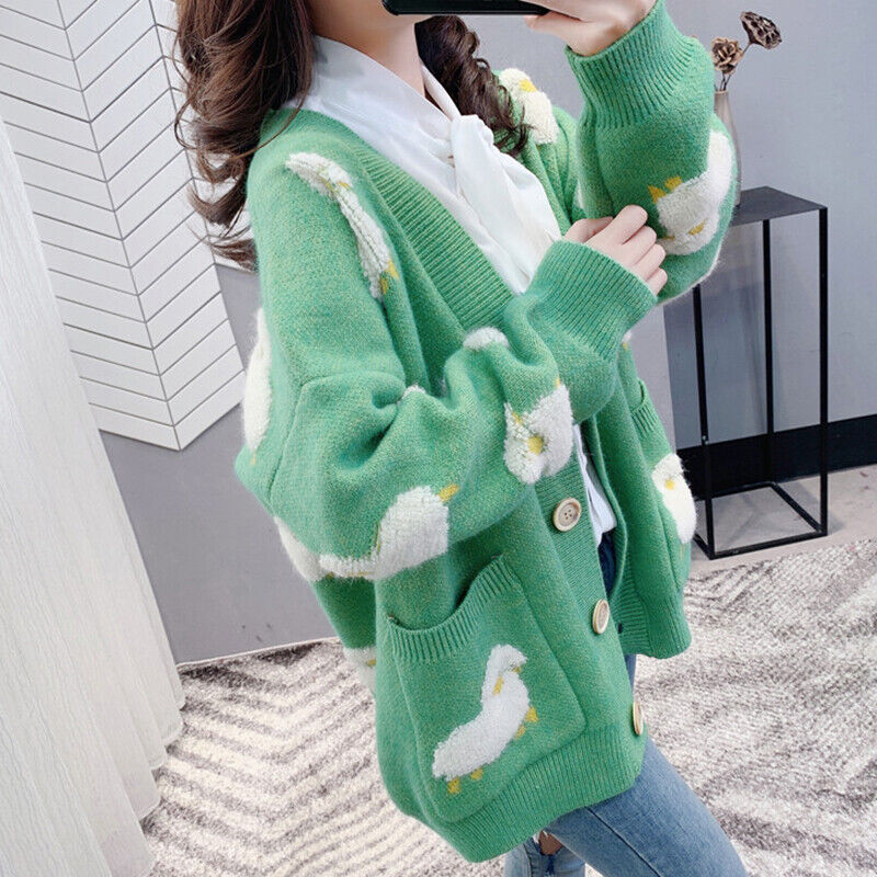 Women Jacket Loose Knit Sweater Cute Cartoon Print V Neck knitted ...