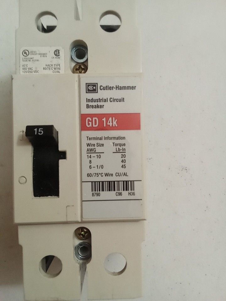 Eaton/Cutler Hammer GD2015 2 Pole 15Amp 600 Vac Circuit Breaker GD 14K ...