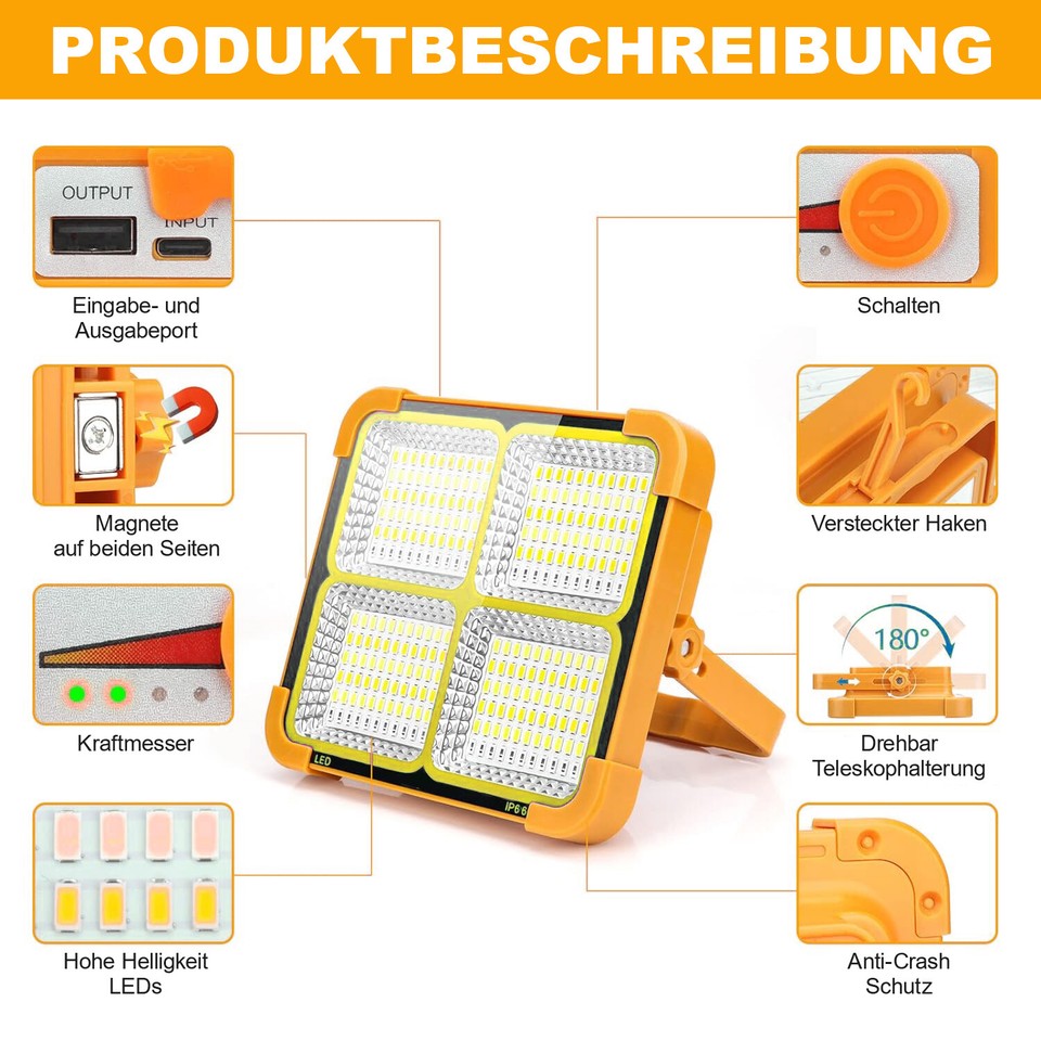 264 LED Solar Arbeitsleuchte Akku Aufladbar Baustrahler Flutlicht ...