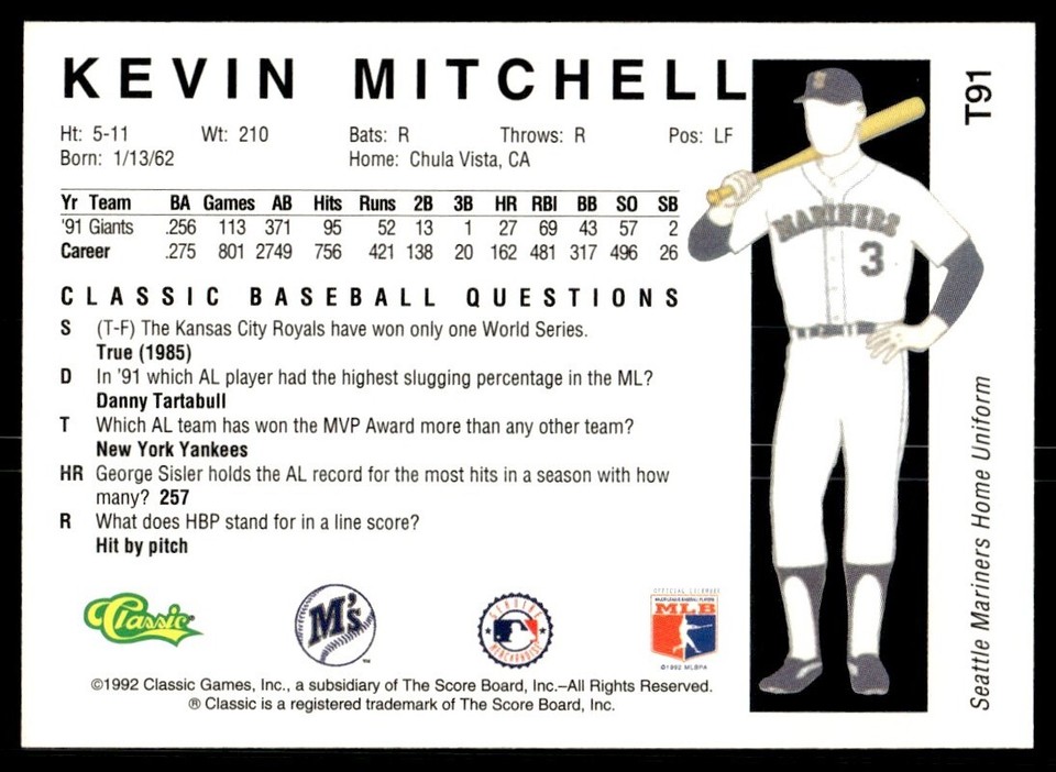 1992 Classic II #T91 Kevin Mitchell - Seattle Mariners | eBay