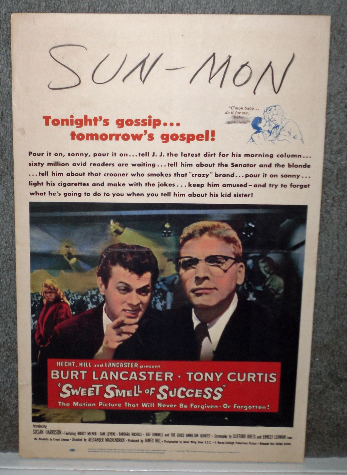 SWEET SMELL OF SUCCESS original 1957 movie poster BURT LANCASTER/TONY ...