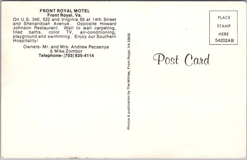 Front Royal, Virginia Postcard "FRONT ROYAL MOTEL" Highway 522 Roadside ...