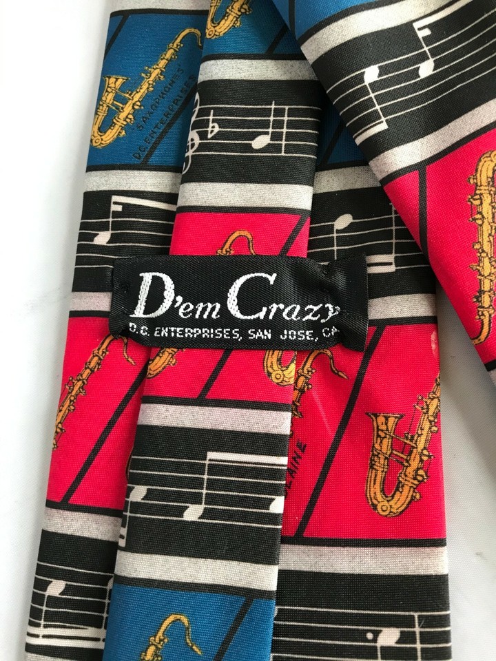 D'em Crazy Musical Theme Neck Tie Music Notes Saxophone Repeat Red Blue ...