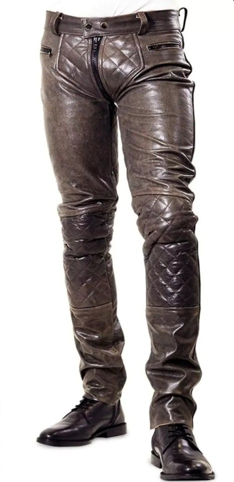 Men's Real Distressed Leather Bikers Pants Quilted Panels Bikers BLUF ...