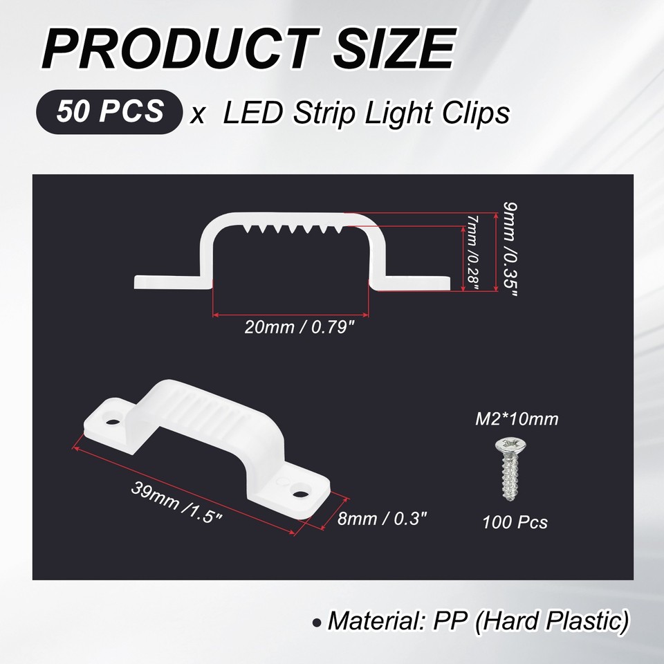 50 Pack Hard LED Strip Light Clips for 20mm Wide Neon Light Transparent ...