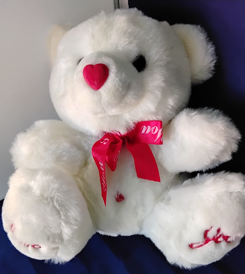 Kellytoy Fluffy White Teddybear Love You Red Bow & Paws Red Heart Nose ...