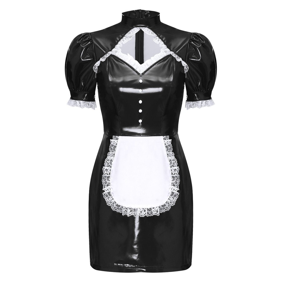 Women's Latex Maid Dress Leather Wet Look Halloween Costume Apron Tube ...
