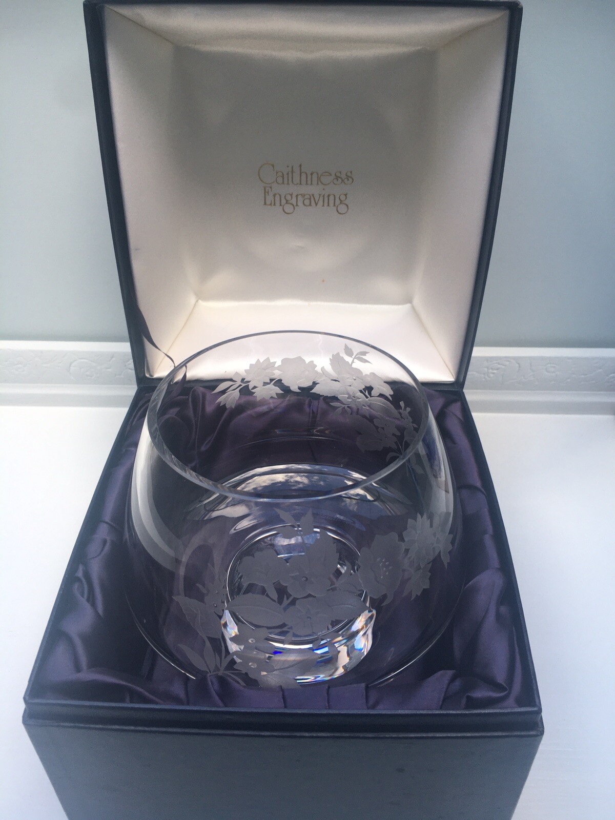 Caithness Large Glass Presentation Bowl Etched Engraved Frosted Floral ...