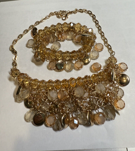 Vintage Amber Crystal Bib Necklace and Stretch Bracelet Gold Tone Set ...