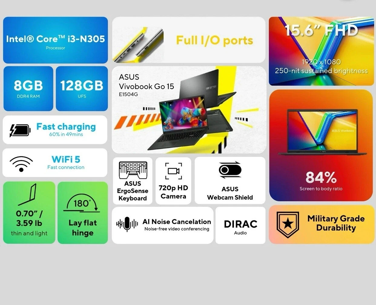 ASUS Vivobook Go 15.6 Laptop, Intel i3-N3052 8GB UFS, Win 11 Black, E1504GA-WB31 | eBay