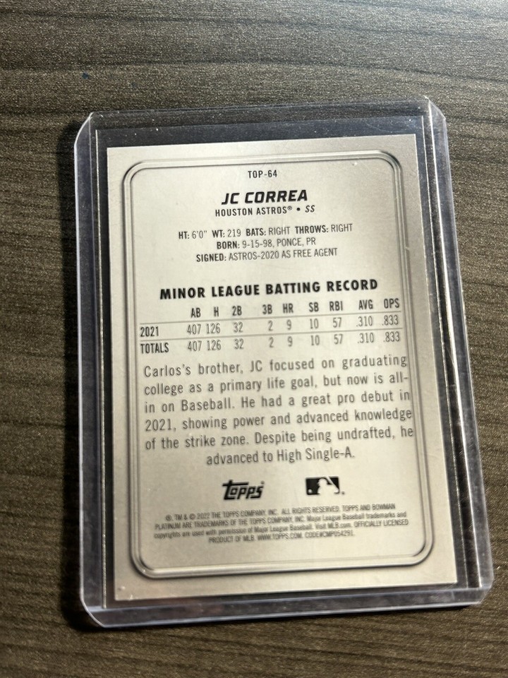 2022 Bowman Platinum Baseball JC CORREA Pink Parallel /199 #TOP-64 Hou ...