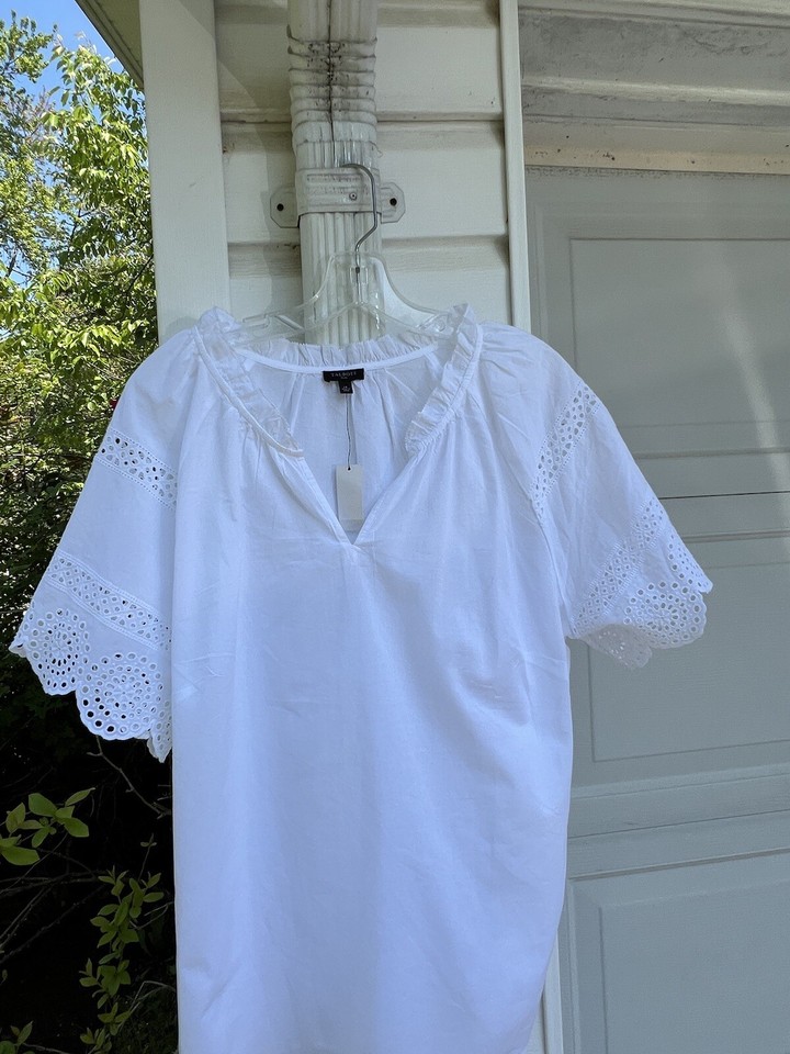 NWT Talbots Pretty White Embroidered Eyelet Trim Ruffle Split Neck Blouse 1X | eBay