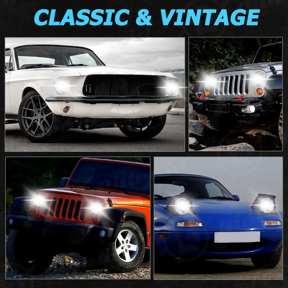 Pair 7 Inch LED GLASS Headlights Round Original Classic Look Conversion ...