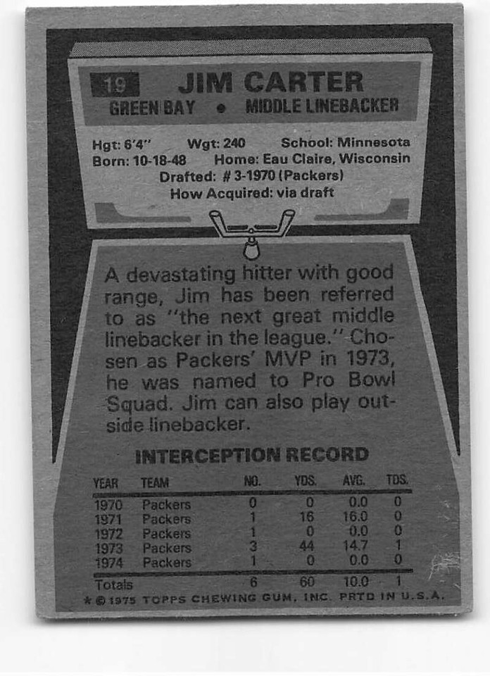 1975 Topps #19 Jim Carter EX Excellent Packers ID: 113007 | eBay