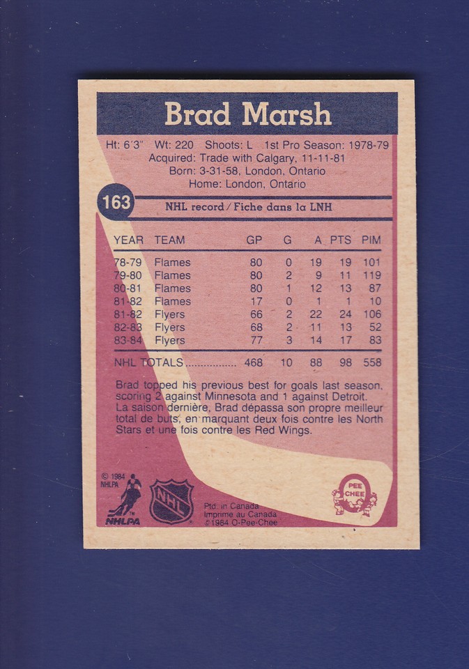 Brad Marsh 1984-85 O-PEE-CHEE OPC NHL Hockey #163 (MINT)(OC ...