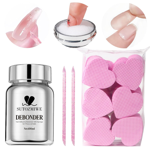 Nail Adhesive Debonder with Pink Heart-Shaped Sponges, Stick Press-On ...