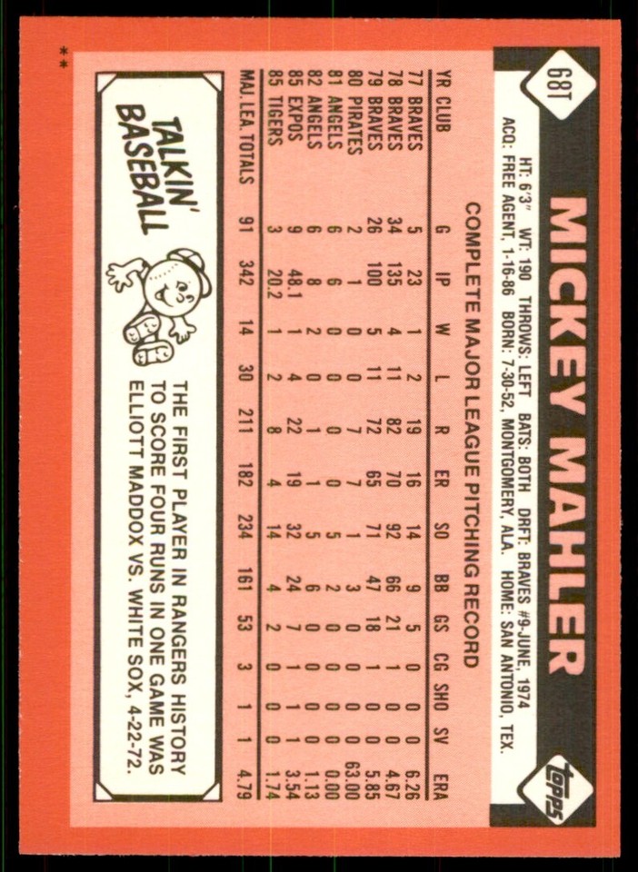 1986 Topps Traded Mickey Mahler . Texas Rangers #68T | eBay