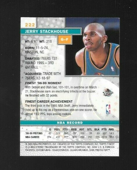 1999-00 Topps Finest Jerry Stackhouse Card #222 Detroit Pistons NM/MT ...