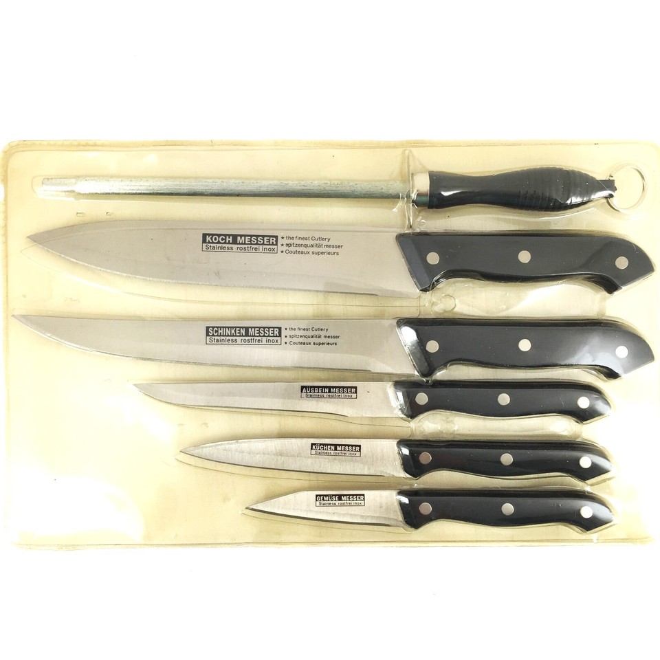 KucheStolz 6 Piece Knife Set w Sharpener & Cutting Board + 8 Steak ...