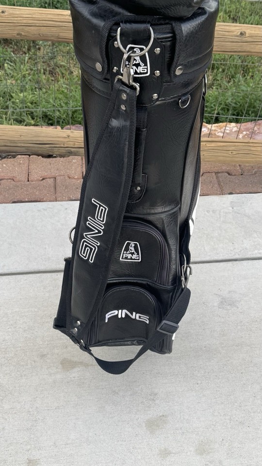Vintage Ping Leather Staff Bag Black 6-Way Top Cart w/ Rain Cover ...