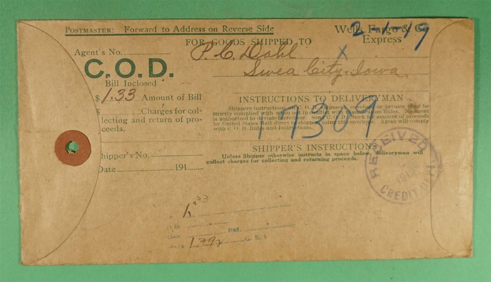 DR WHO 1919 WELLS FARGO EXPRESS COD PARCEL TAG PERFIN STRIP SWEA CITY ...