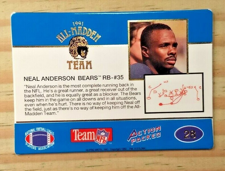 1992 ACTION PACKED NEAL ANDERSON ALL-MADDEN TEAM CARD#28 BEARS UNIV OF ...