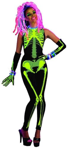 Ravin' Skelee Girl Skeleton Bones Rave Fancy Dress Up Halloween Adult ...