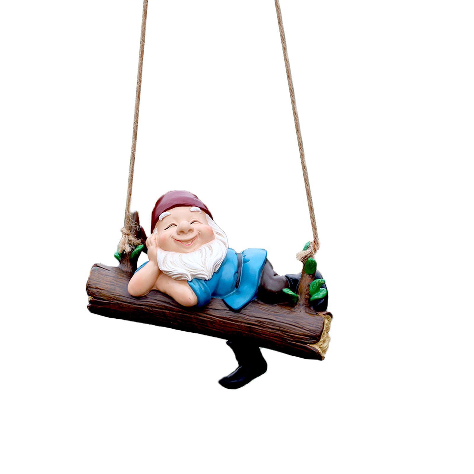 Gnome on A Swing Garden Statue Flowerbed Backyard Hanging Dwarf ...