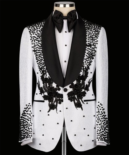 Luxury Wedding Tuxedo Formal Groom Men Suits Slim Fit Appliques Crystal ...