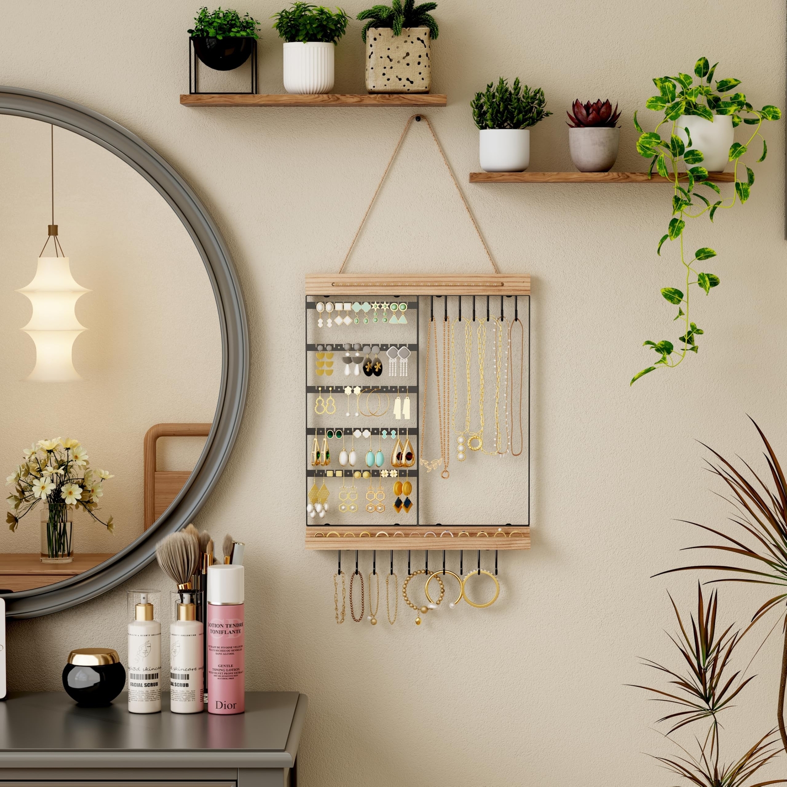 Hanging Jewelry Organizer, 5-Tier Wall Earring Holder with Wooden Ring ...