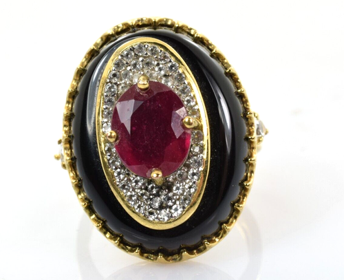 Ruby & Onyx Shield Ring in Sterling Silver (Gold Plated) Size 10 | eBay