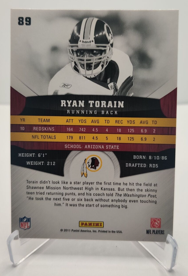 2011 Panini Gridiron Gear #89 Ryan Torain Washington Redskins football ...