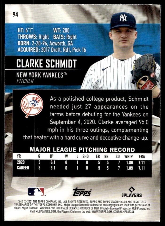 2021 Stadium Club Clarke Schmidt Rookie New York Yankees #94 | eBay